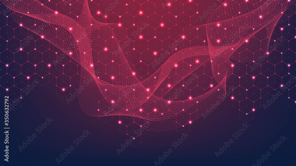 Hexagons abstract grid with connected lines and dots. Embossed hexagons grid background. Hex ...