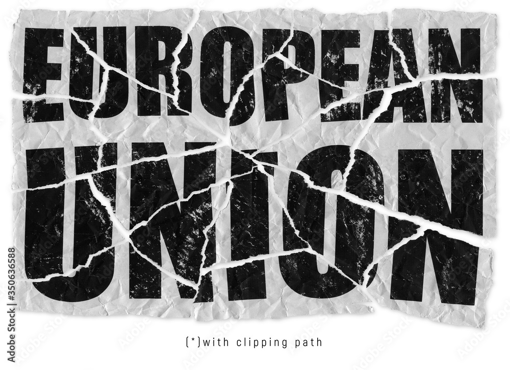 European union concept (text) on a torn, crumpled and damaged piece of ...
