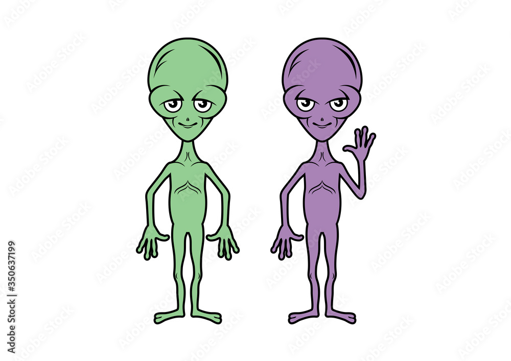 Extraterrestrial couple icon vector. Green and purple alien cartoon ...