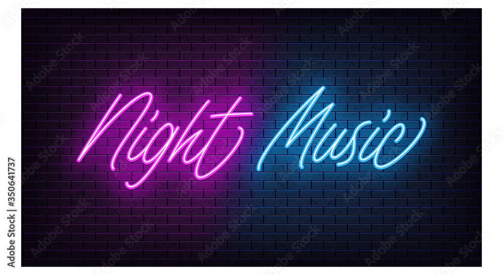 Neon Night Music, lettering. Neon text of Night Music on black brick ...