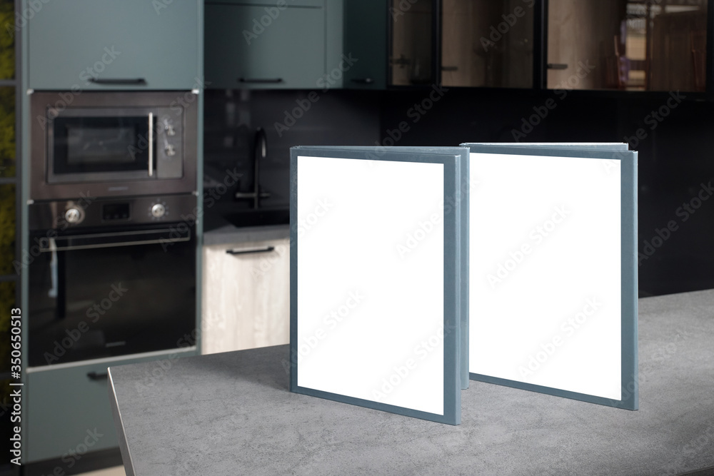 Blank mockup book brochure catalog on stoneware countertop with ...