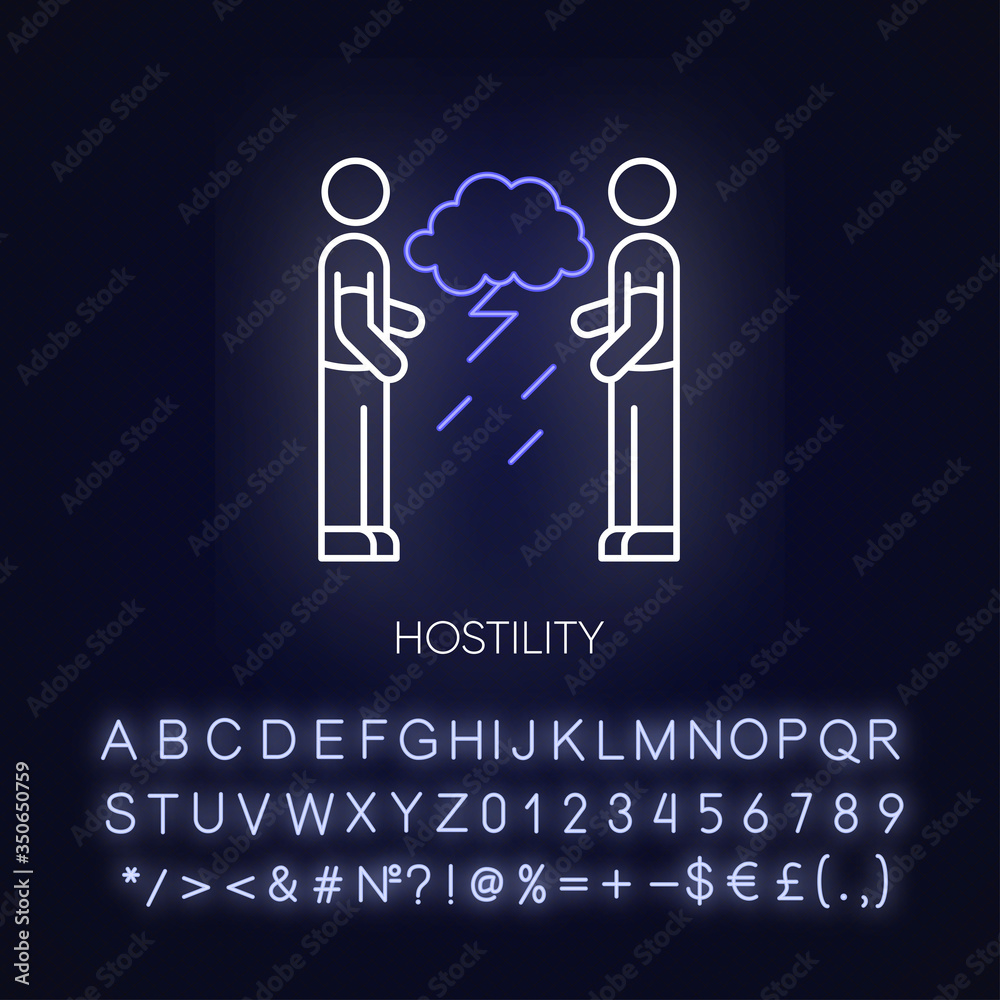 Hostility neon light icon. Aggressive behaviour. Dispute with offended ...