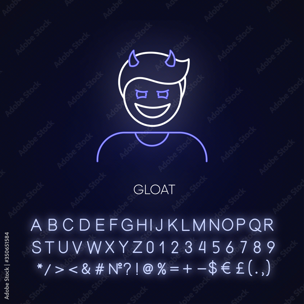 Gloat neon light icon. Evil smile. Bad attitude. Vicious smirk. Scary ...
