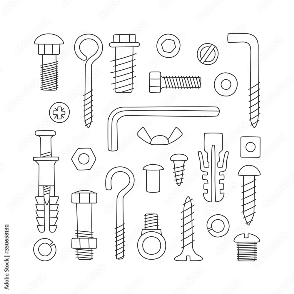 Set of fasteners. Bolts, screws, nuts, dowels and rivets in doodle ...