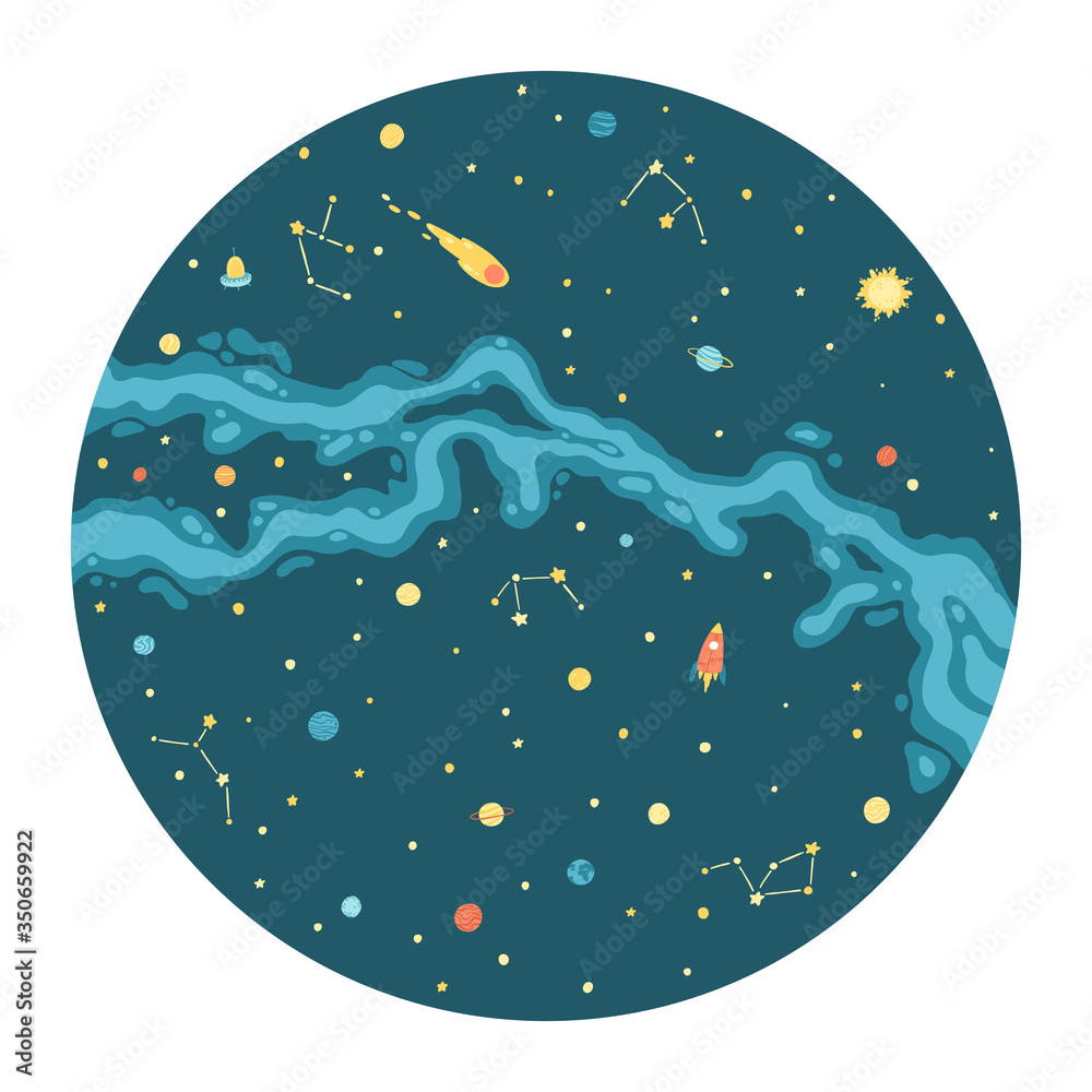 Milky Way round map. Vector hand drawn cartoon childish illustration in ...