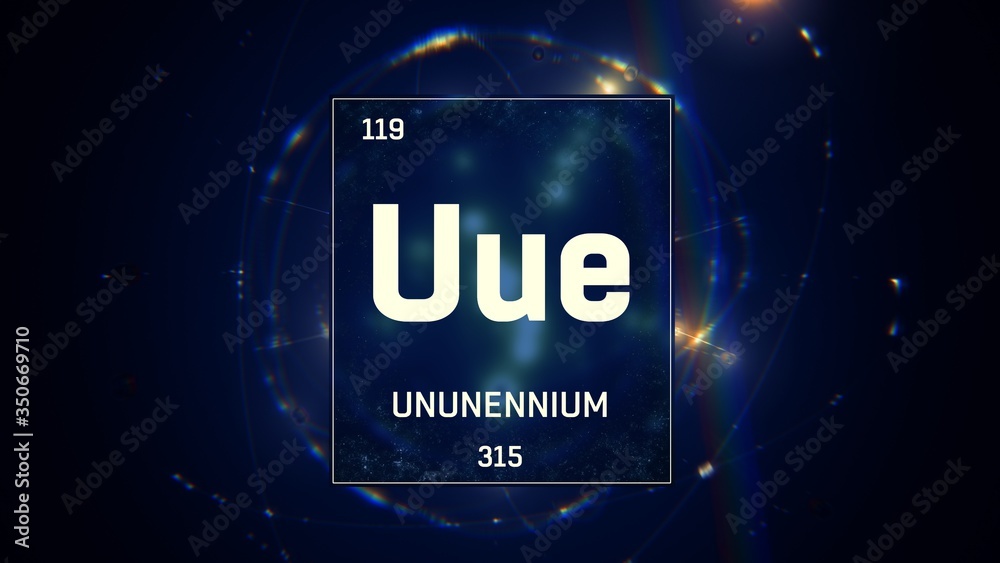 3D illustration of Unnunenium as Element 119 the Periodic Table. Blue ...