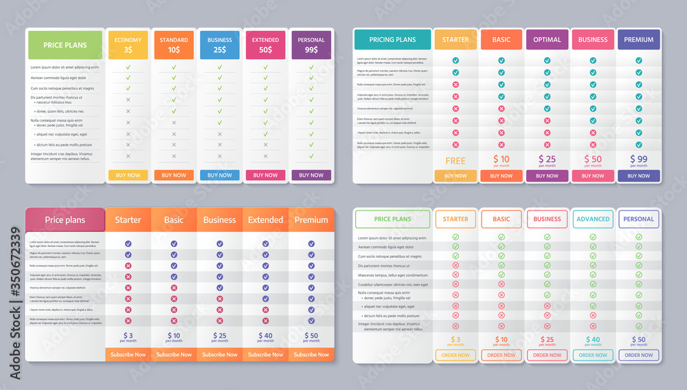 Table price template. Vector. Pricing data grid with 5 column. Set ...
