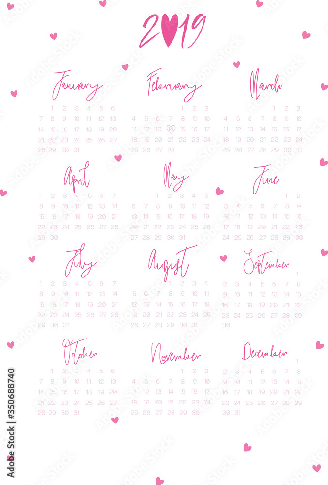Calendar design for 2019. Simple background, pink design. The week ...