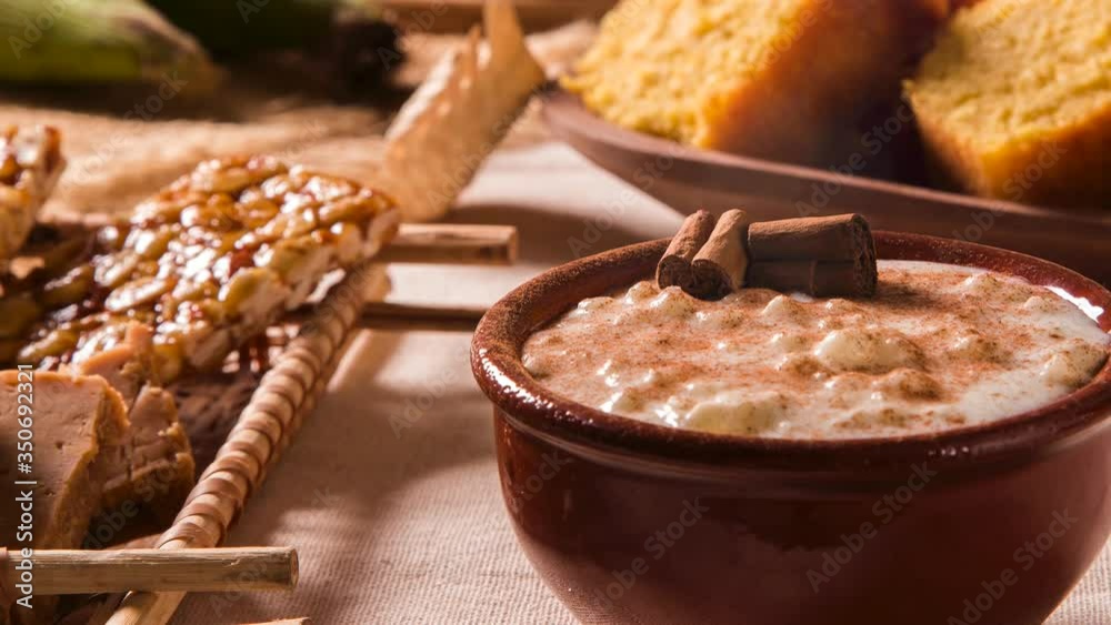 Brazilian dessert canjica of white corn with cinnamon in bowl ...