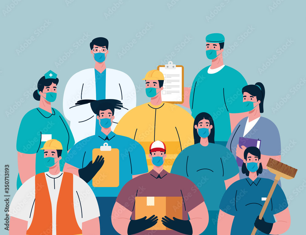 workers group using medical masks for covid 19 pandemic vector ...