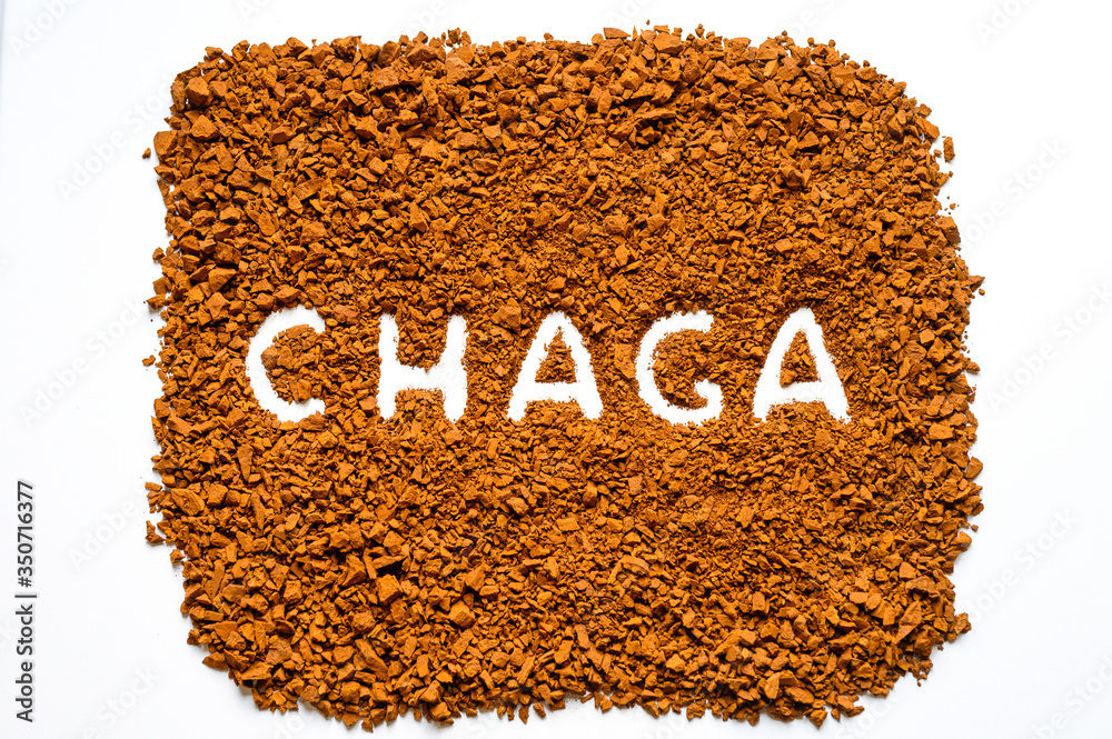 chaga mushroom. handwritten text chaga in a pile of small fragments of ...