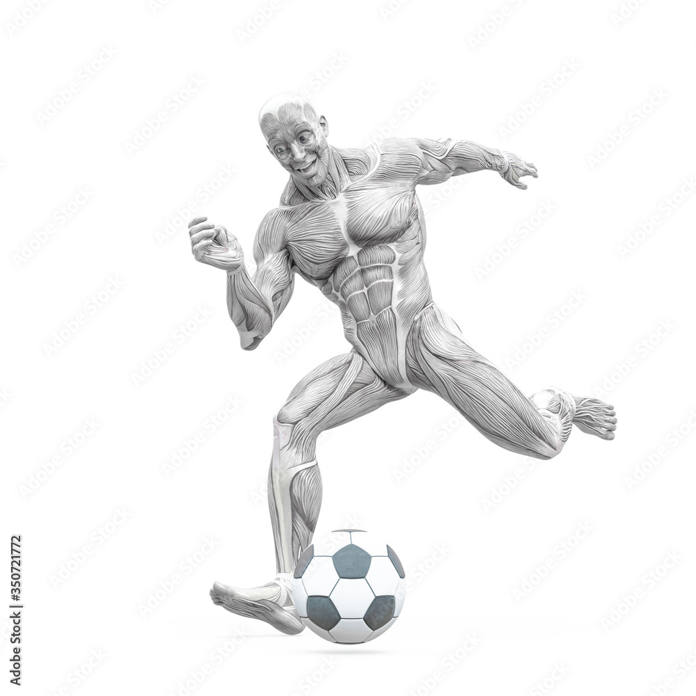 muscleman anatomy heroic body kicking the football ball in white ...