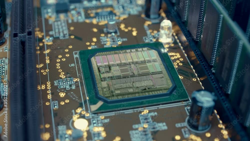 The internal structure of the main processor is lit at the time of operation. Rotation. Closeup ...