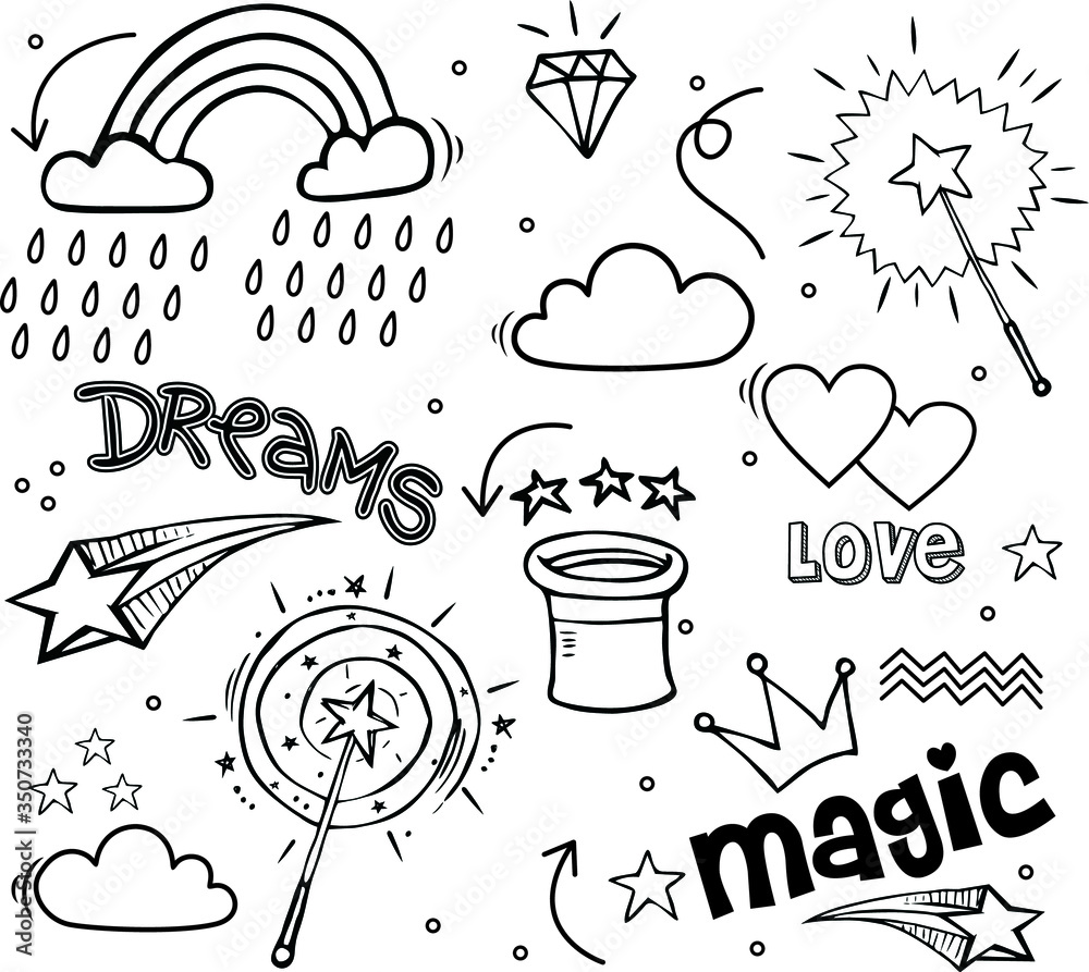 Set of hand drawn illustrations of a magic wand, diamond, dreams and ...