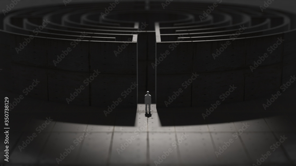Complex challenge person stuck in maze labyrinth looking for solution ...