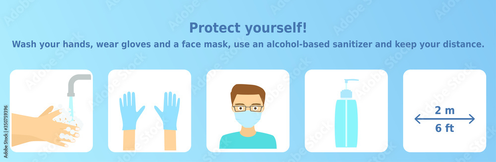 Vector illustration 'Protect yourself! Wash your hands, wear gloves and ...