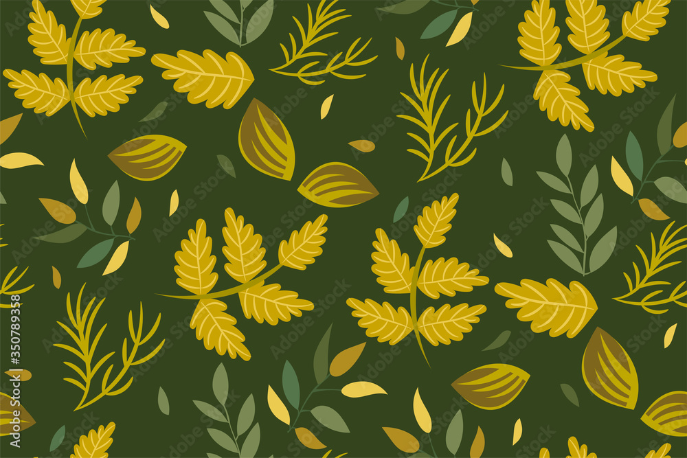 Seamless pattern with different foliage of trees, branches, green ...