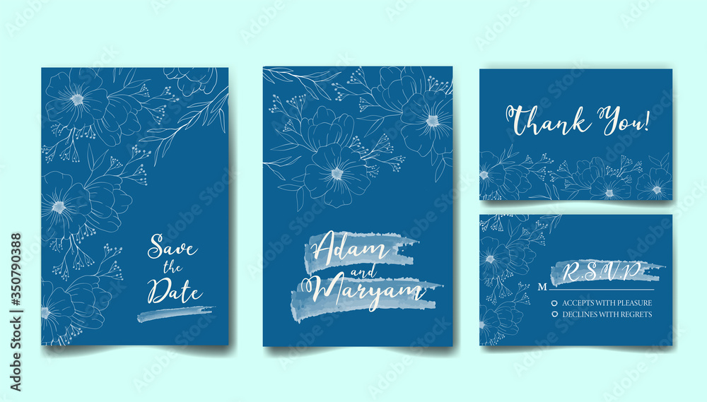 blue outline wedding invitation card set retro rustic vintage modern ...
