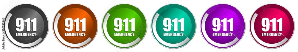 Number emergency 911 icon set, silver metallic chrome border vector web ...