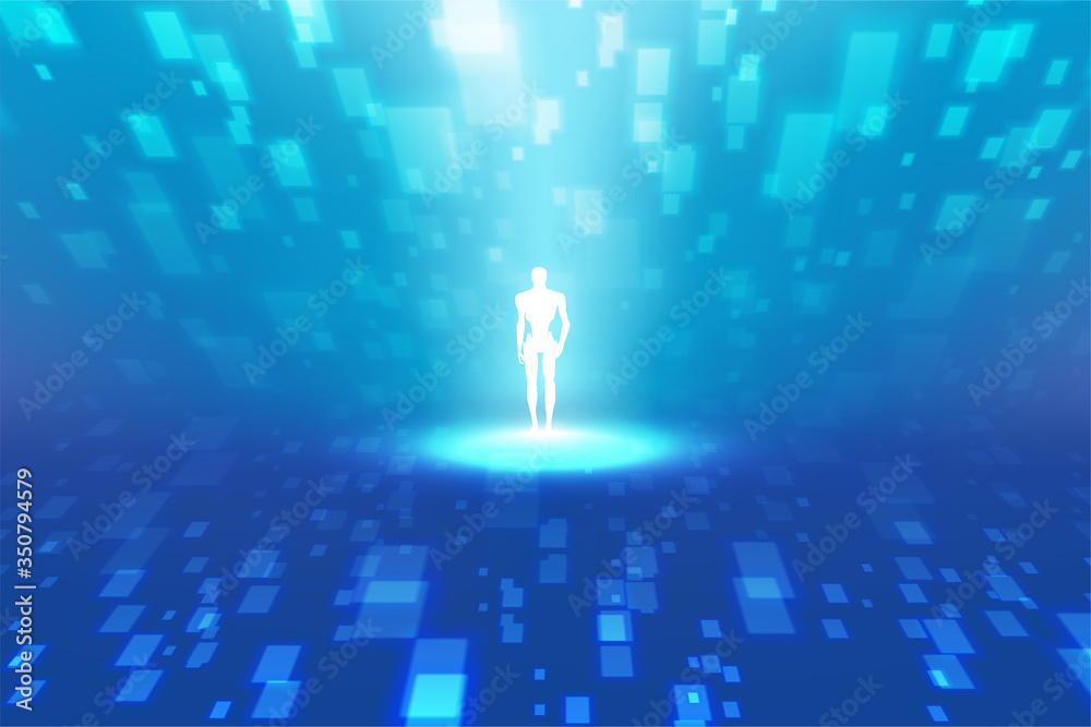 Abstract digital background with floating matrix squares and the man ...