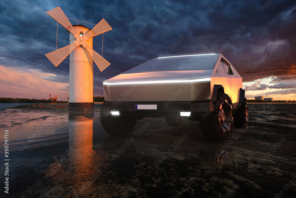 Tesla Cybertruck blended into a seaside landscape during a dramatic ...