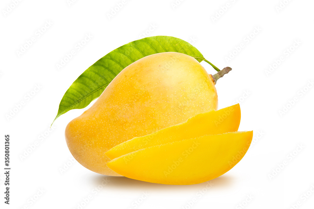 Ripe Alphonso mango fruit with green leaf and a pice of mango slice ...