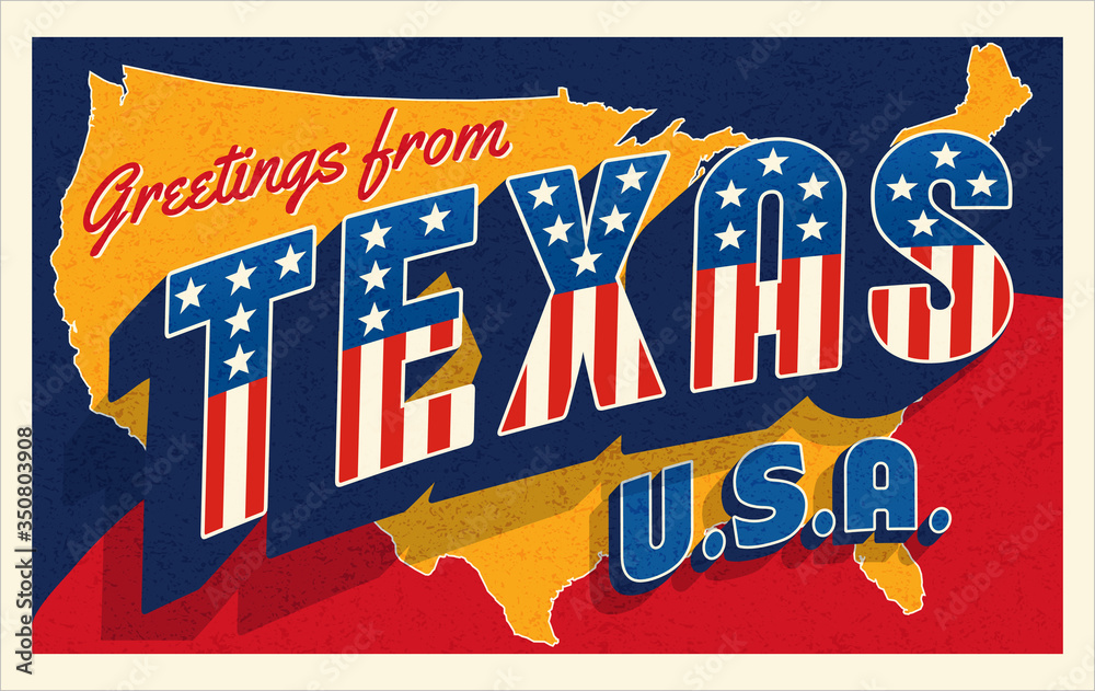 Greetings from Texas USA. Retro postcard with patriotic stars and ...