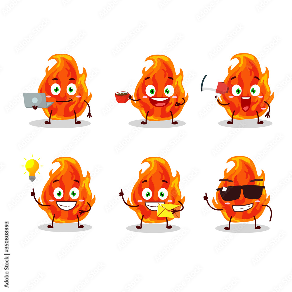 Fire cartoon character with various types of business emoticons Stock ...