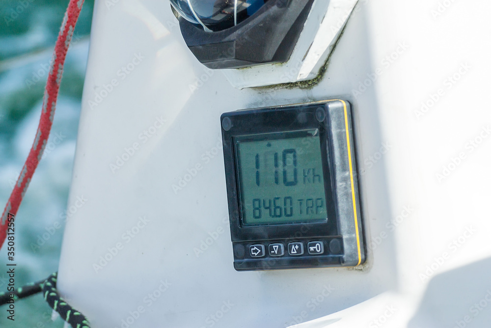 Sailing boat dashboard, with nautical measuring instruments showing ...