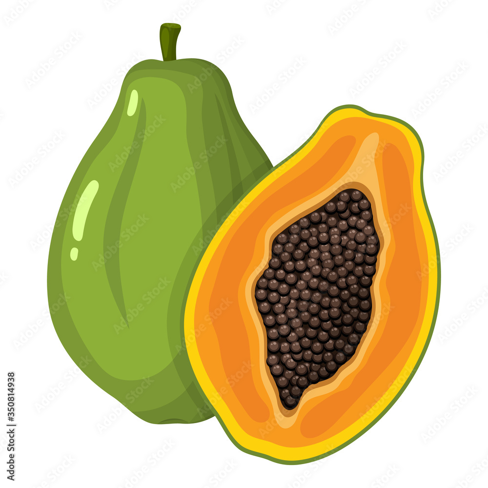Fresh bright exotic whole and half papaya fruit isolated on white ...