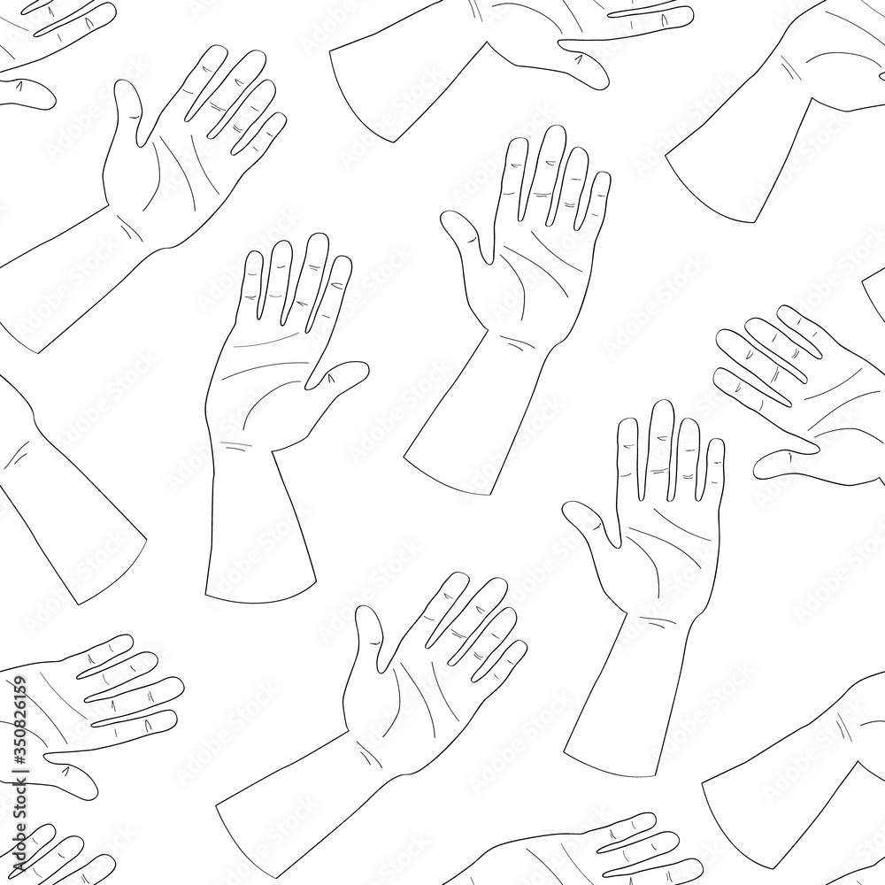 Seamless pattern of outline doodle hands. Palms in a greeting or giving ...