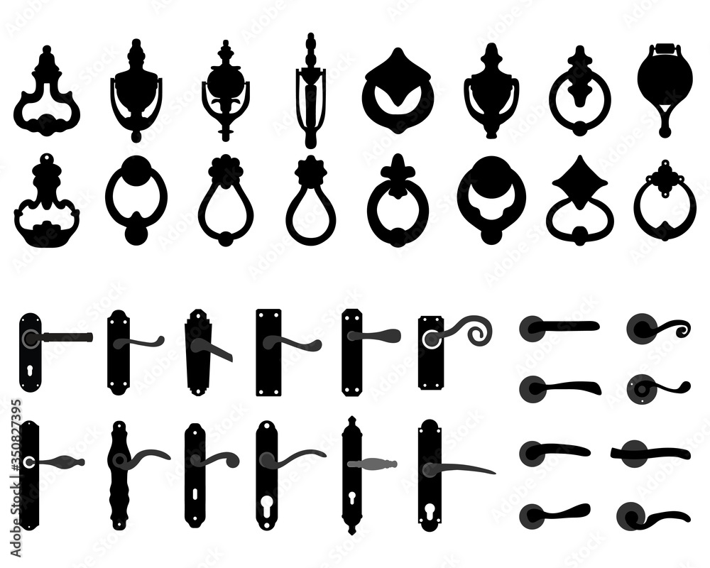 Black silhouettes of door handle, knocker, latch on a white background ...