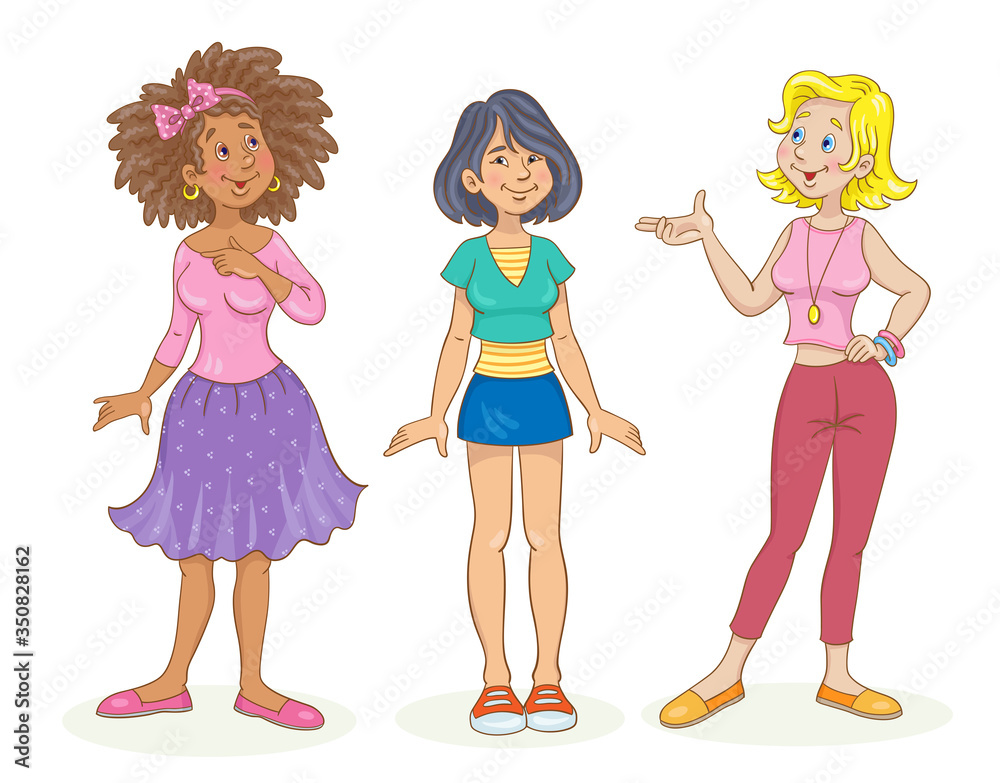 Three lovely young women of different nationalities. In cartoon style ...