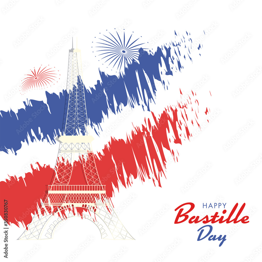 Line Art Eiffel Tower Monument with Fireworks, Red and Blue Paint Brush ...