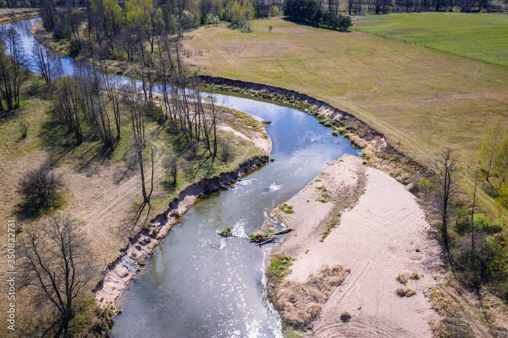 Drone view of River Liwiec also called Liw near Lochow town, Mazowsze ...