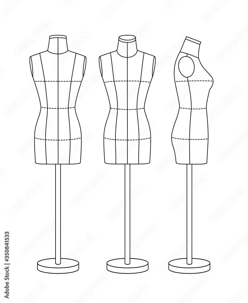 Mannequin for sewing and modeling, front, back and side. Black outline ...