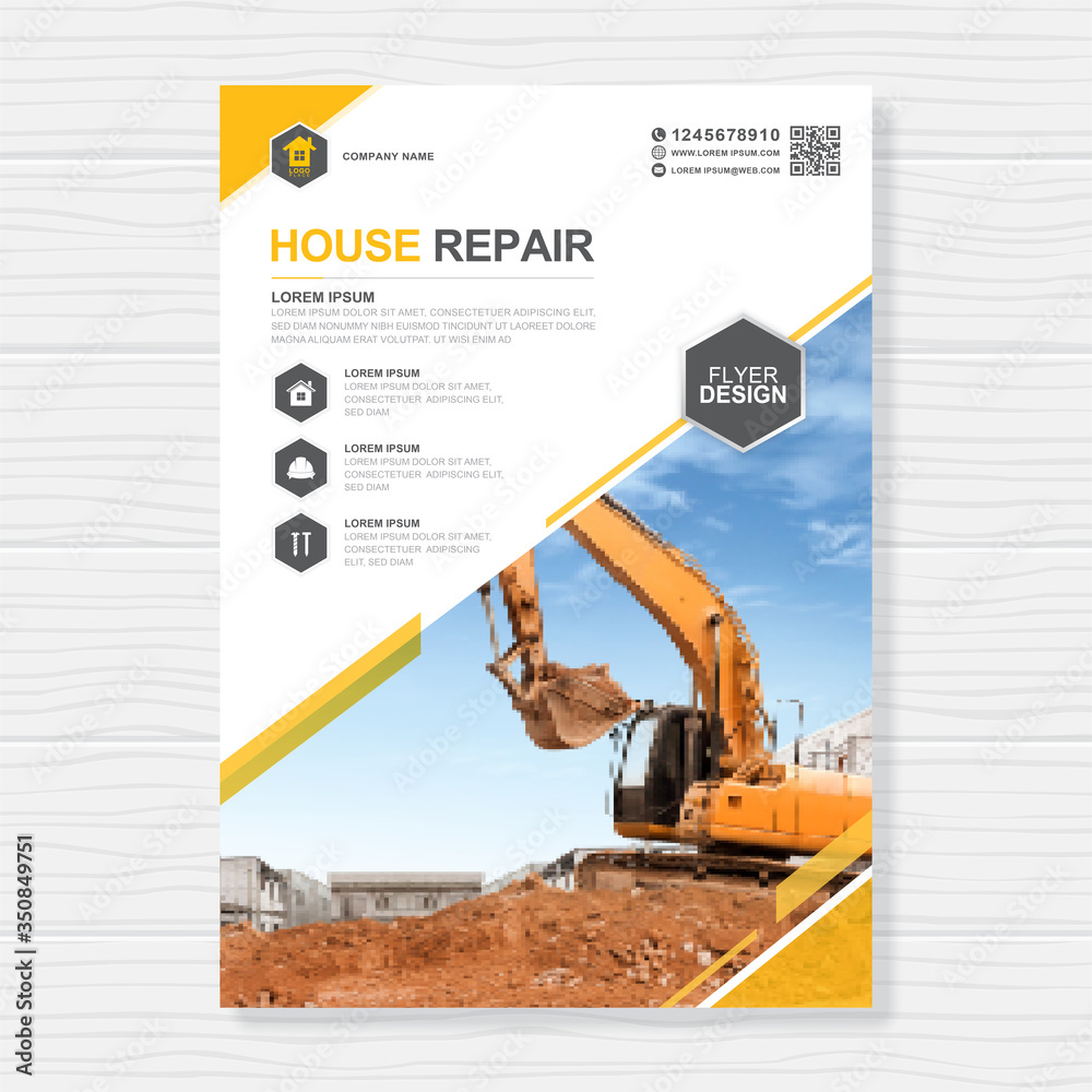 Excavator or dozer cover A4 template and flat icons for construction ...