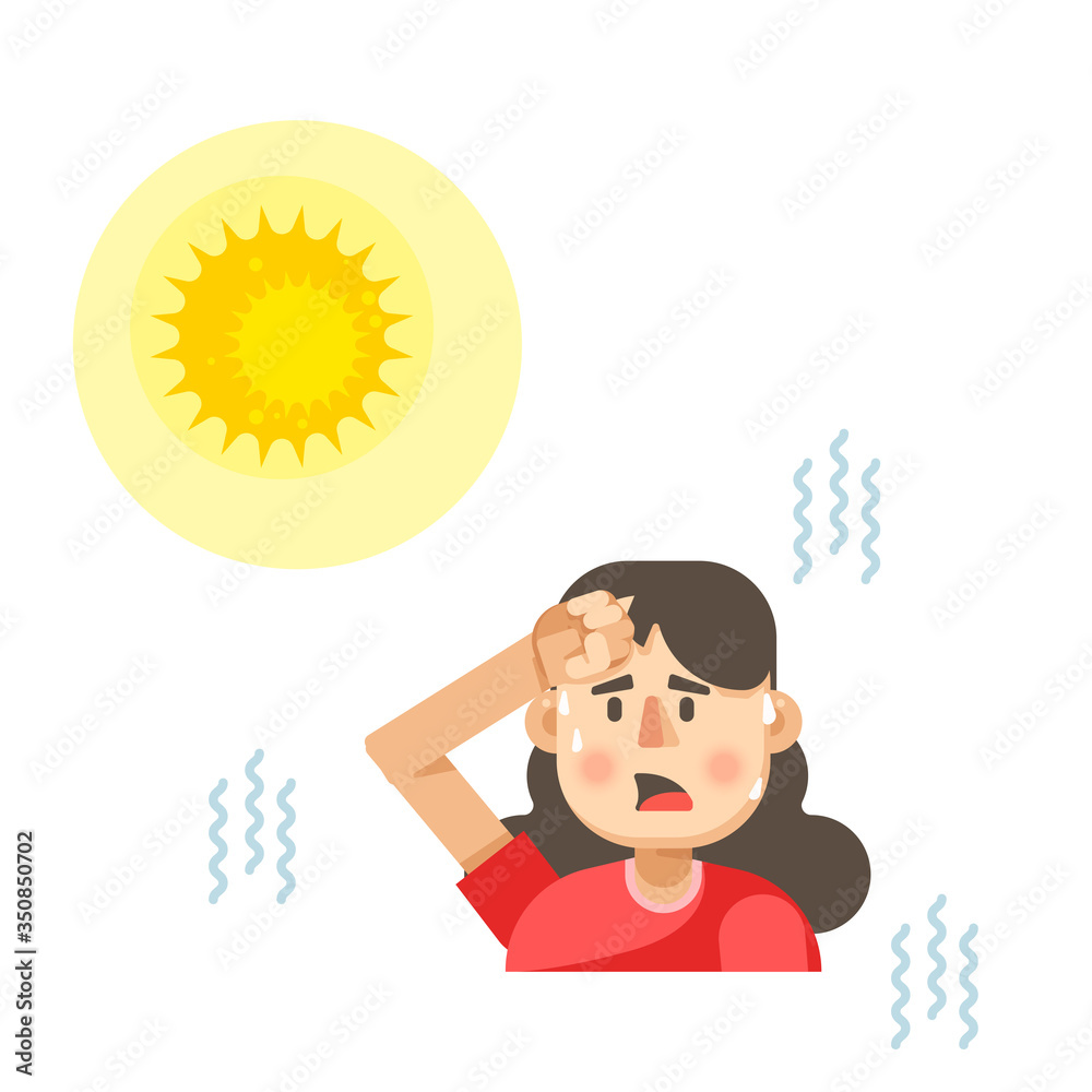 Vetor de Woman got sunburn in very hot summer days, woman exhausted and ...