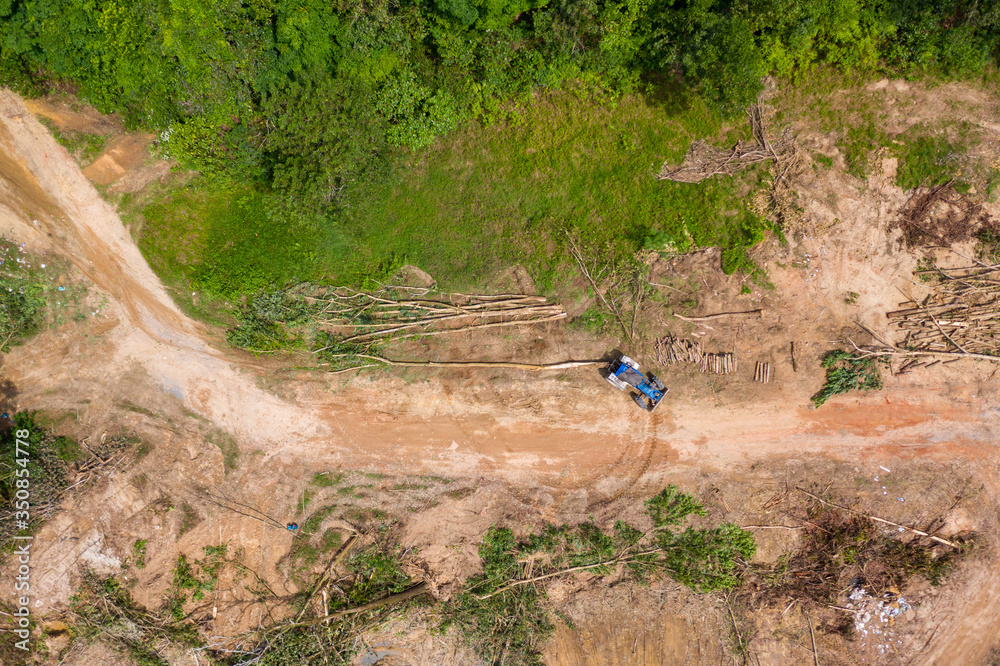 Top down aerial view of deforestation and logging in a tropical ...