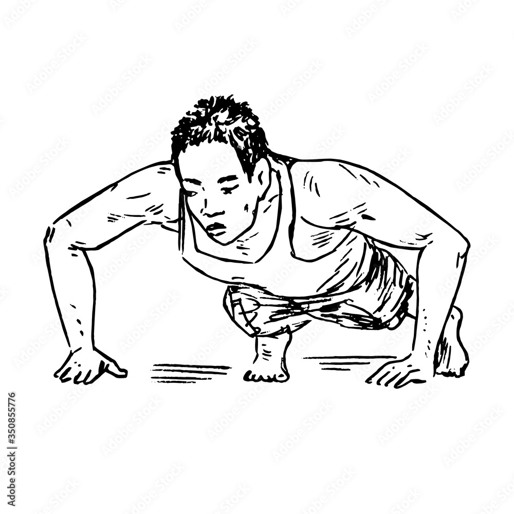 Push-up workout, man front view, hand drawn doodle, drawing in gravure ...