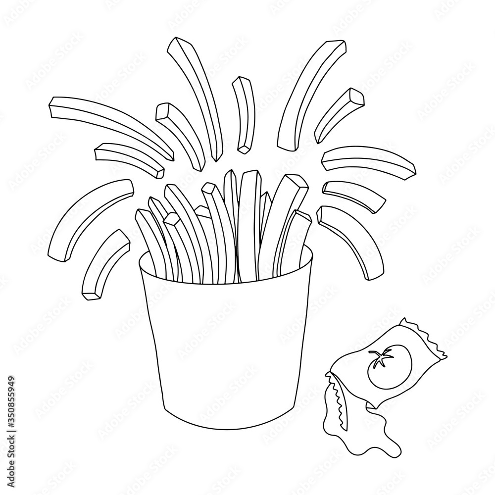 French fries in paper box vector outline illustration. Tasty fast food ...