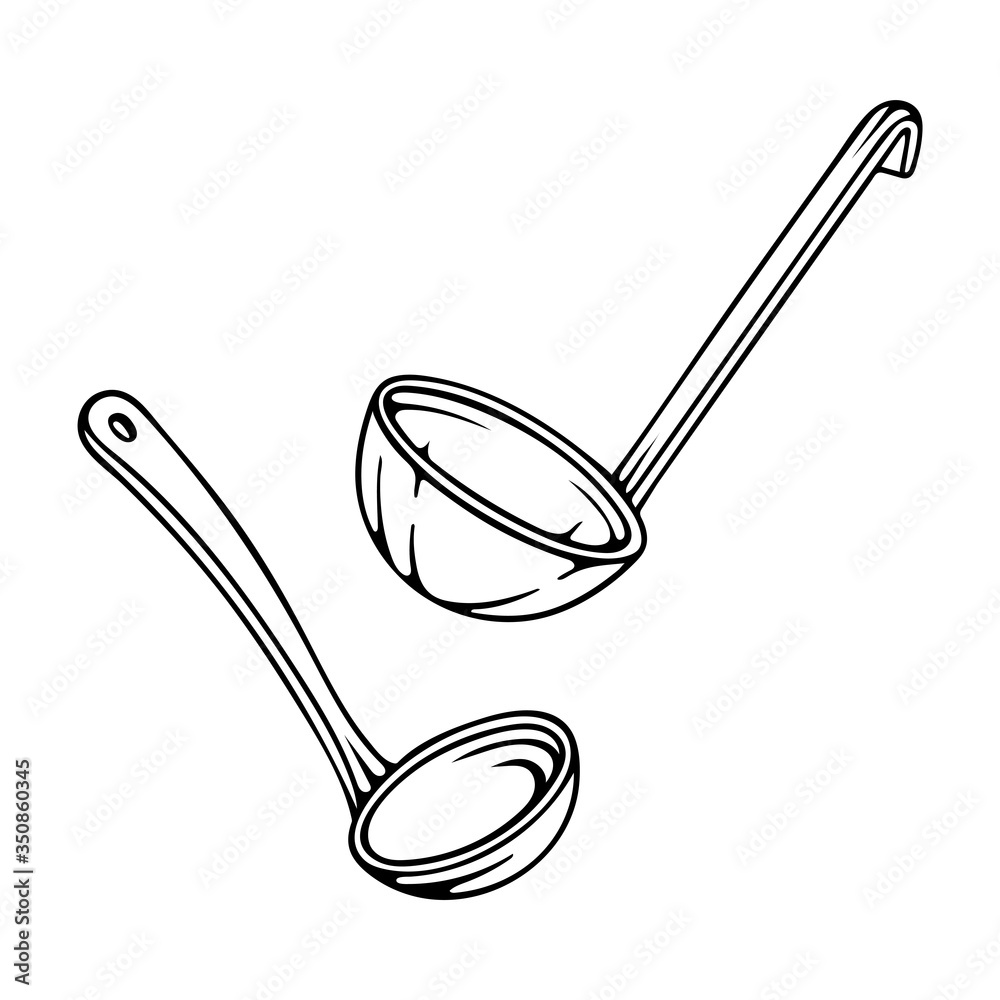 Soup ladle sketch drawing. Different metallic soup ladles hand drawn ...