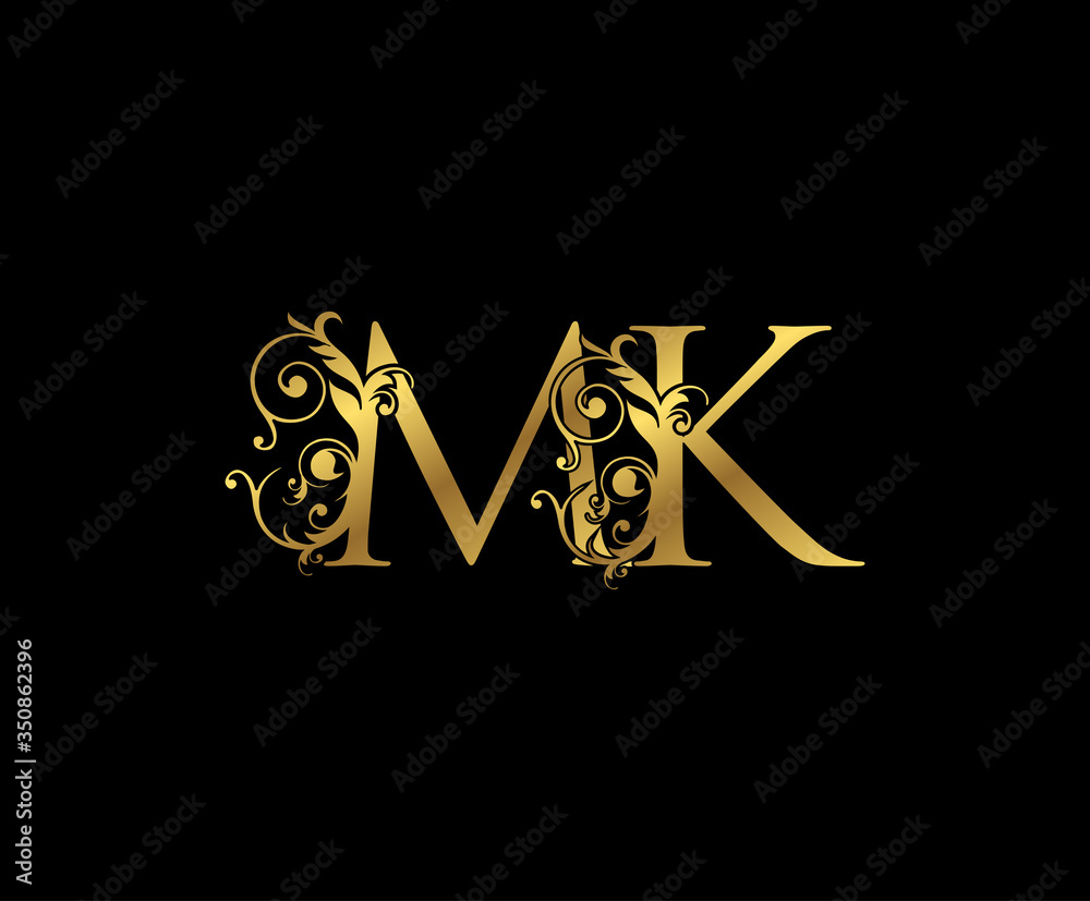 Luxury Gold M, K and MK Letter Floral logo. Vintage Swirl drawn emblem ...