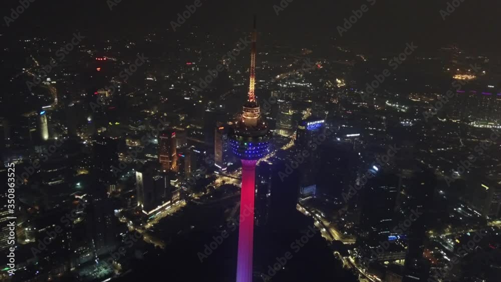 Menara Kuala Lumpur Tower at night. Aerial view of Kuala Lumpur ...