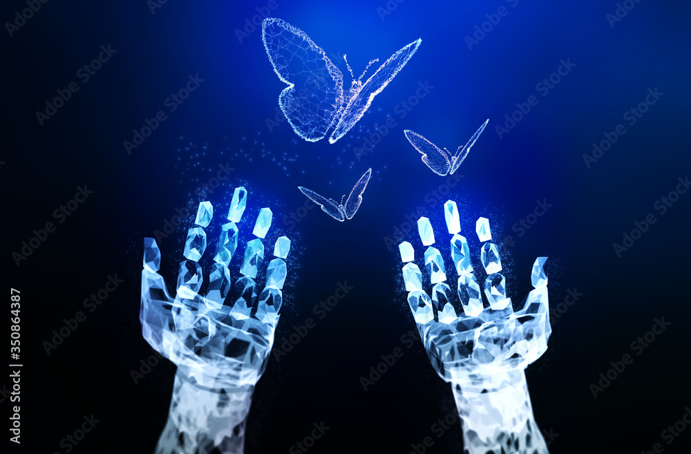 Abstract blur robot ai hand hold 3D virus butterfly illustration ...