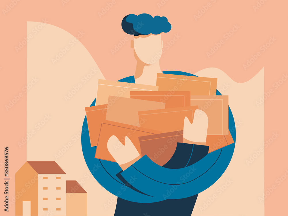 Abstract delivery man character carrying many cardboard packages ...