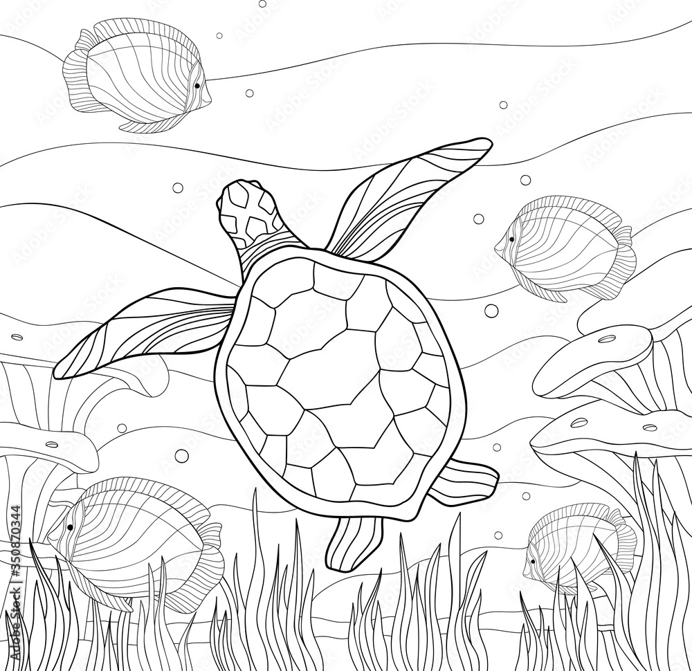 Big ocean turtle, cute striped fishes in the underwater world with ...