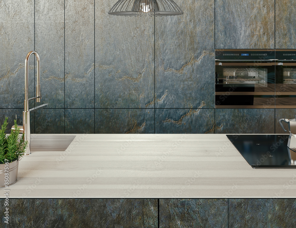 Kitchen countertop. Luxury Modern Living Room, 3d rendering ...