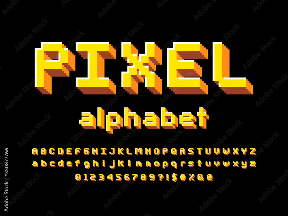 pixel style font with uppercase, lowercase, numbers and symbol Stock ...