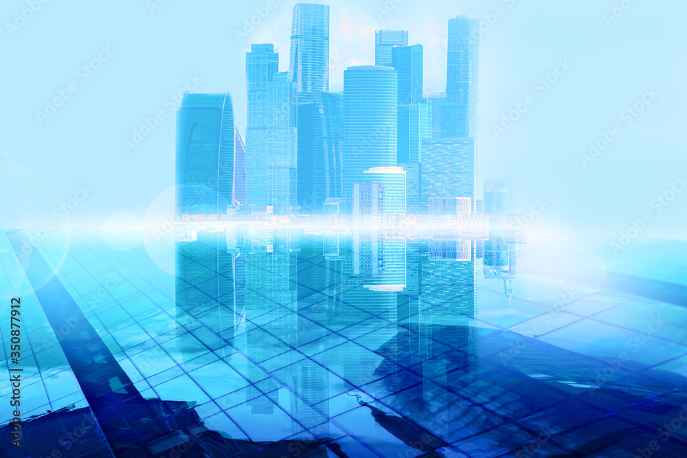 Blue city background. Blue background with high-rise buildings ...